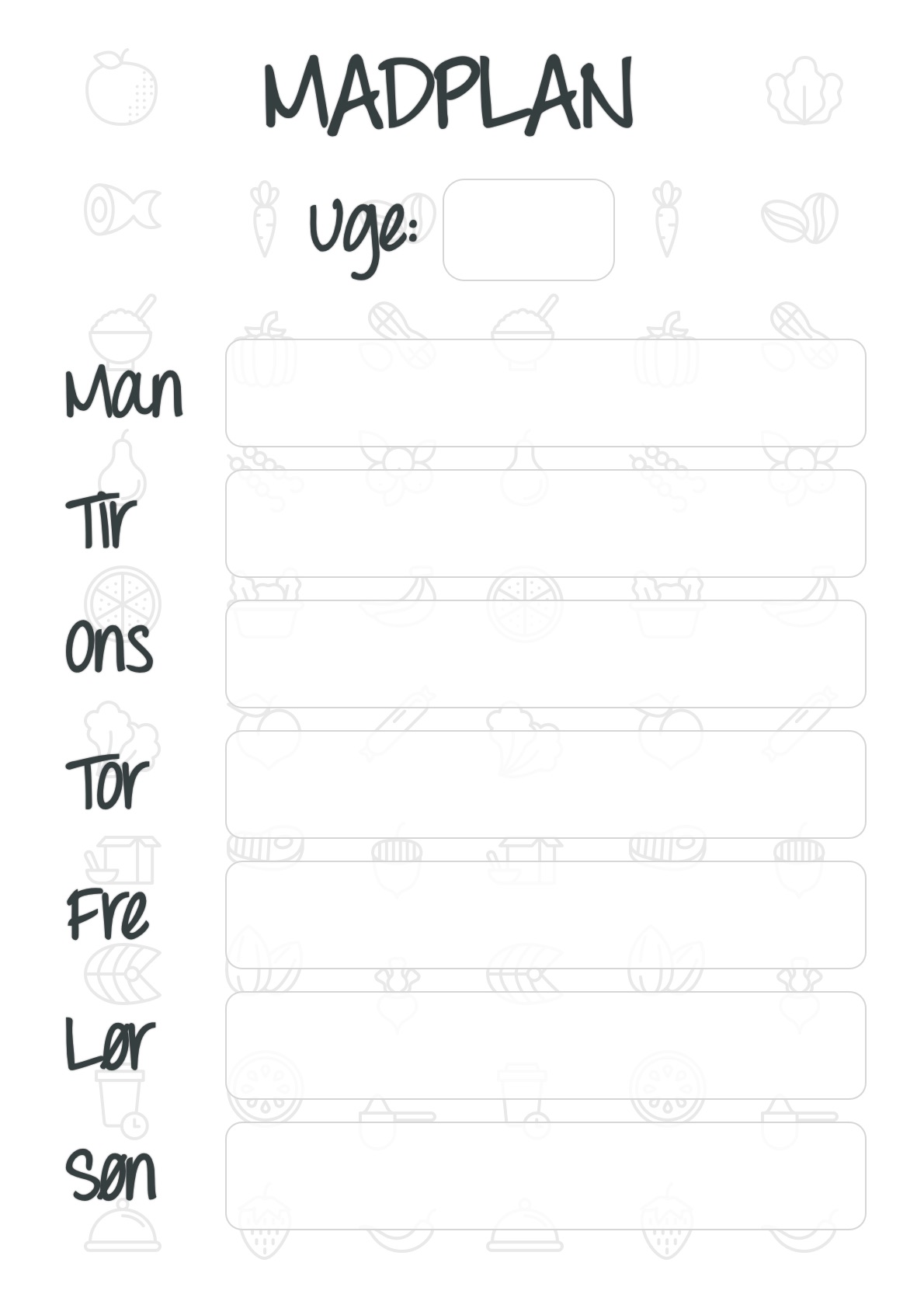 Madplan skabelon - GRATIS - 7 forskellige