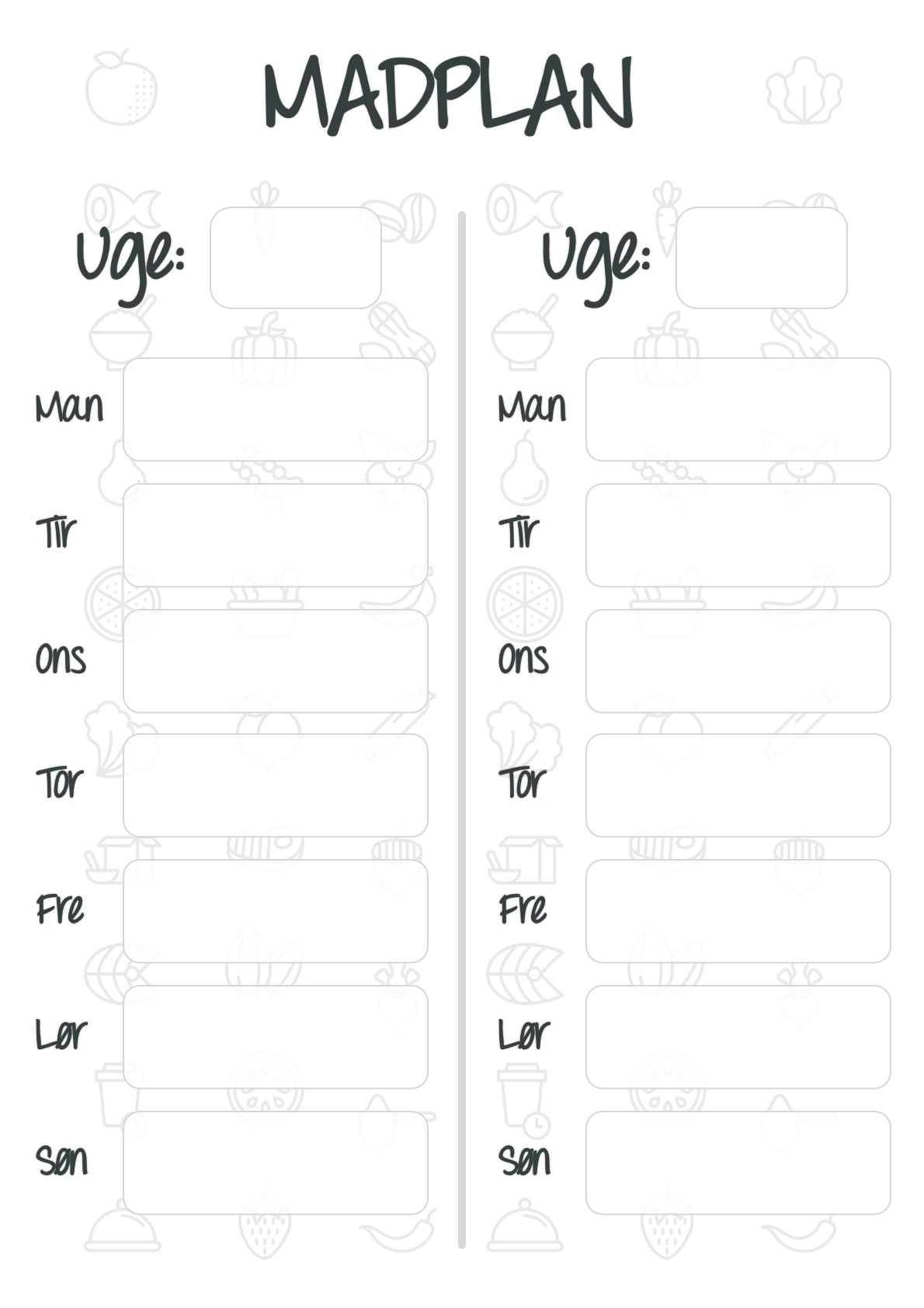 Madplan skabelon - GRATIS - 7 forskellige