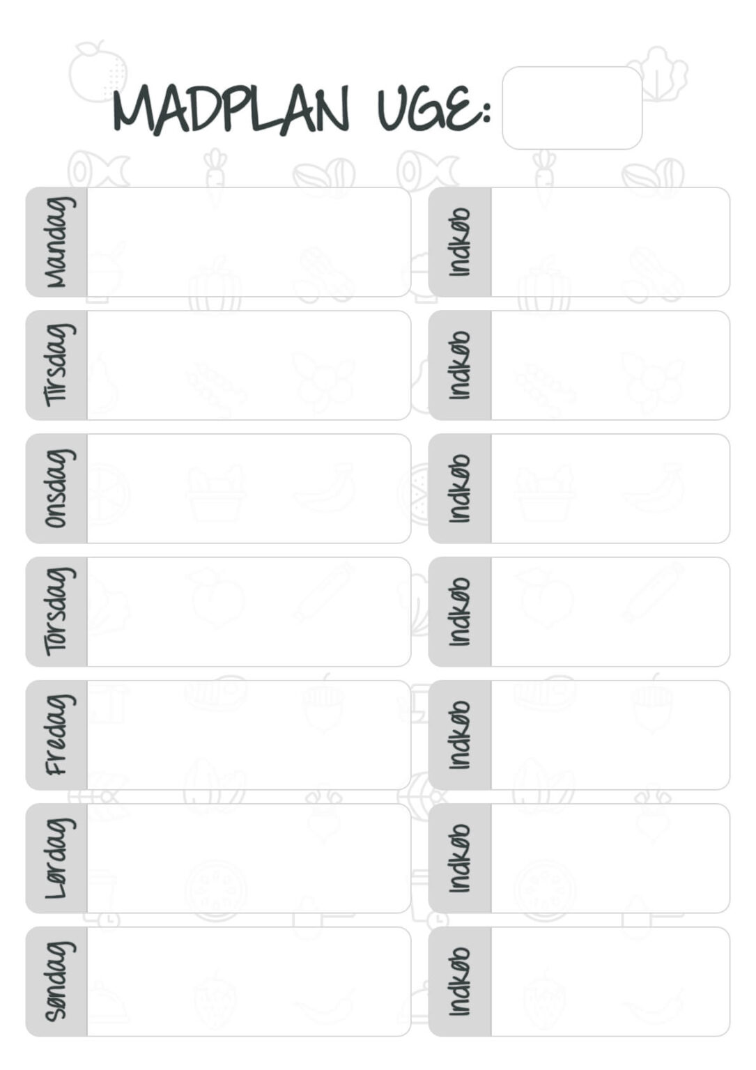 Madplan skabelon - GRATIS - 7 forskellige