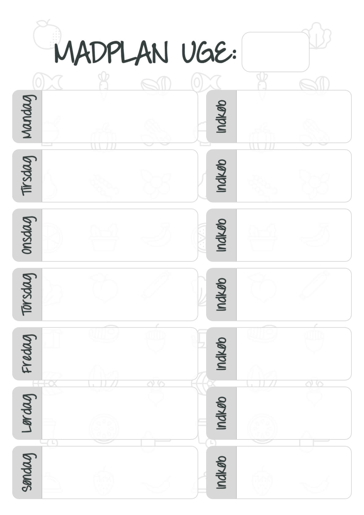 Madplan skabelon - GRATIS - 7 forskellige