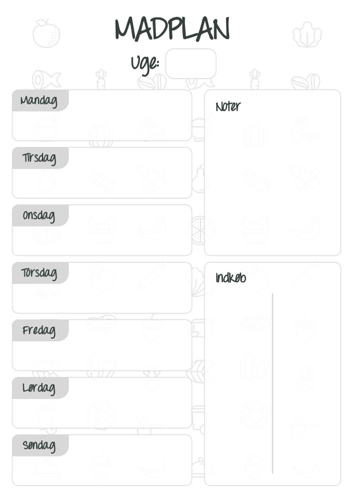 Madplan skabelon - GRATIS - 7 forskellige
