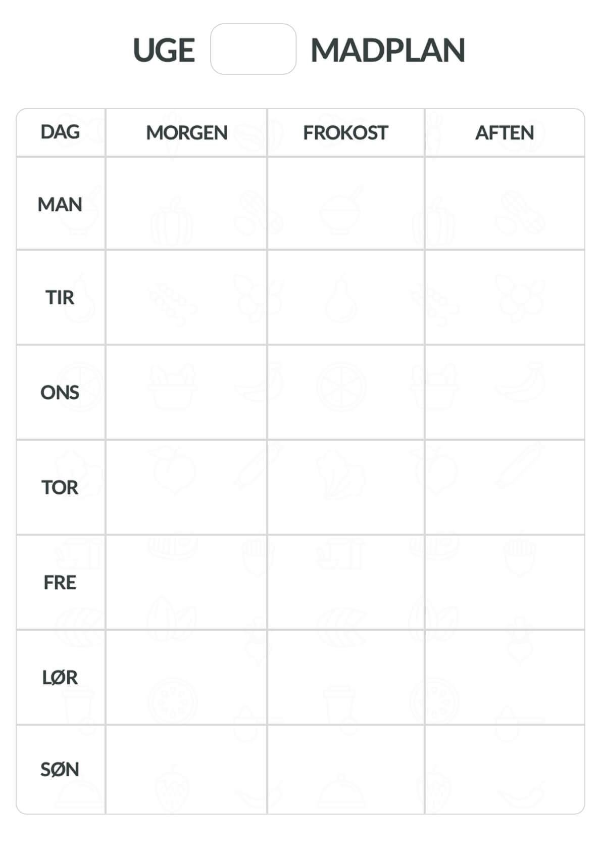 Madplan skabelon - GRATIS - 7 forskellige